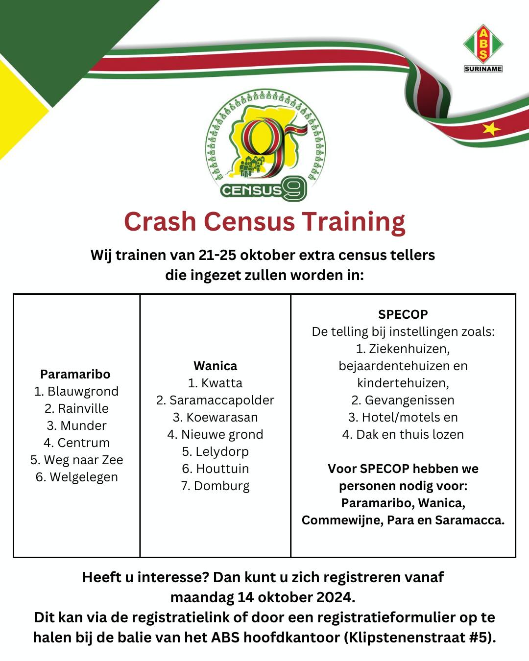 Oproep CENSUS Crash Training - Algemeen Bureau voor de Statistiek in Suriname